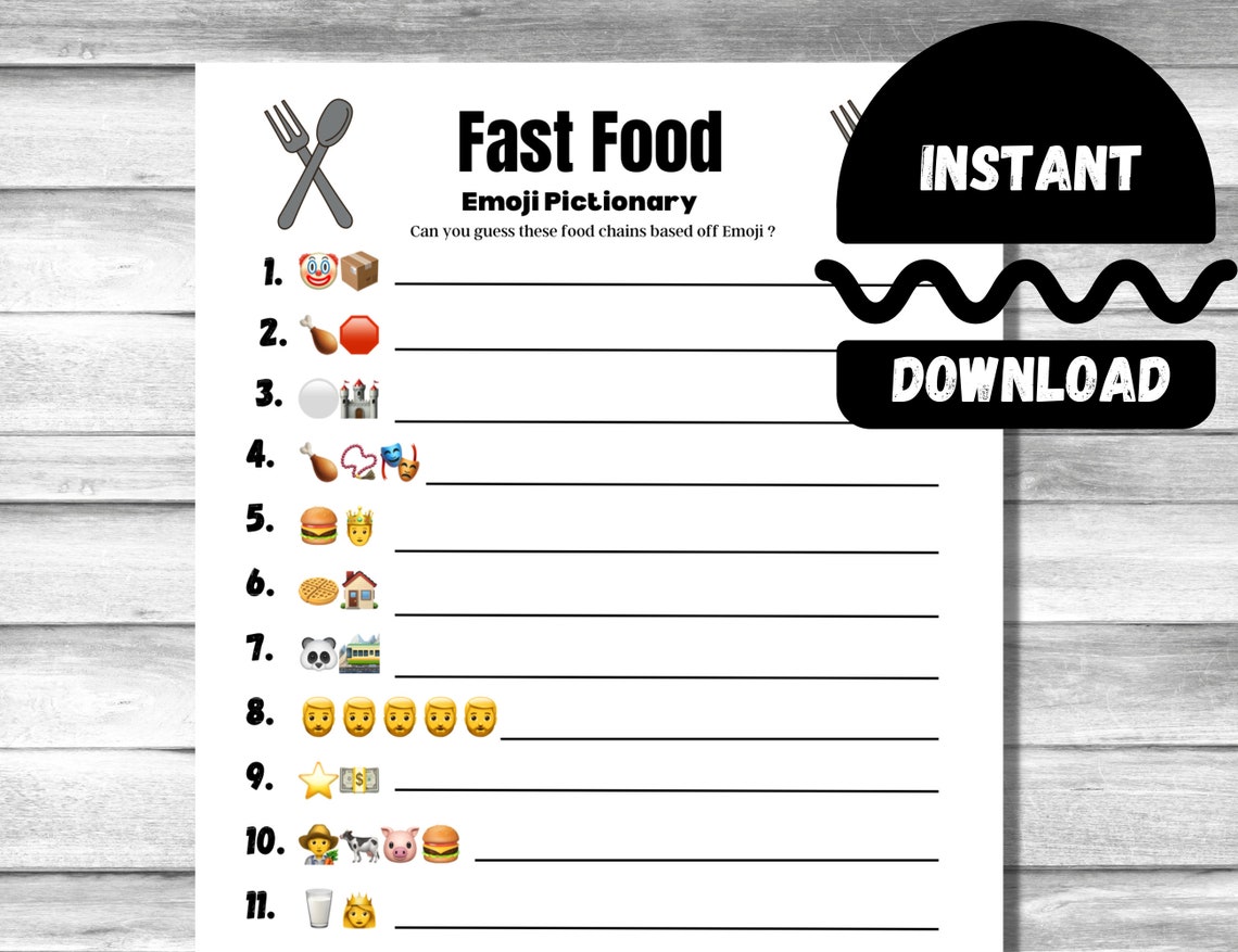Fast Food Emoji Pictionary, Emoji Game, Printable Game, Family Game ...