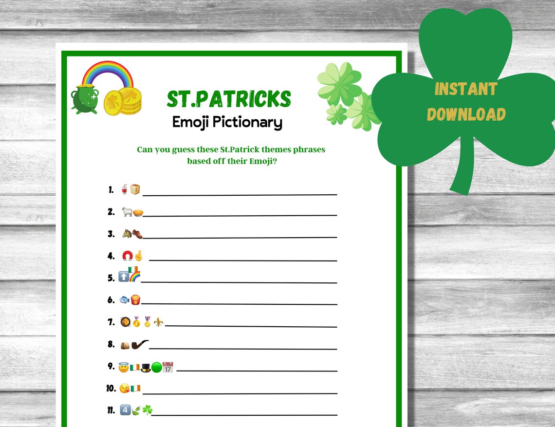 St. Patrick Day Emoji Pictionary Game, Saint Patricks Day Party Game ...