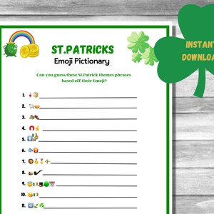 St. Patrick Day Emoji Pictionary Game, Saint Patrick’s Day Party Game ...
