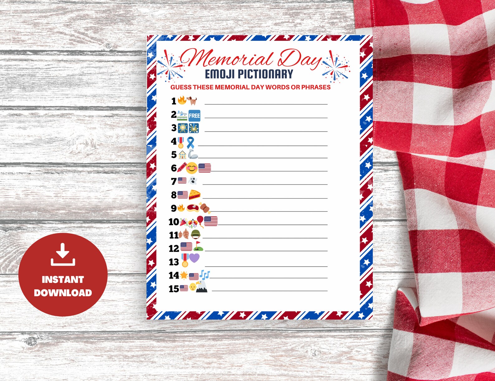 Memorial Day Emoji Pictionary Game Printable Memorial Day Party Game ...