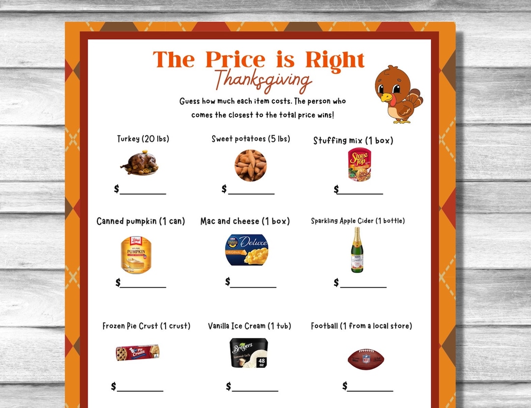 Thanksgiving Dinner Guess Price Game, Printable Turkey Day Quiz for ...