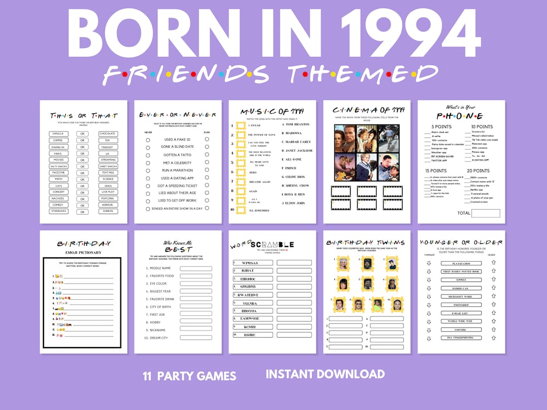 Birthday Game Bundle 1994 Birthday Game Friends Themed Games 30th ...
