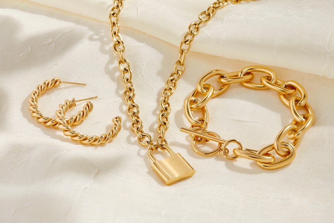 Chunky Gold Bracelet - Large Link Bracelet, Chain Bracelet, Fashion ...