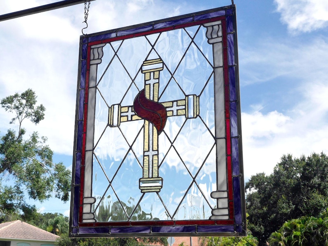 Handmade Stained Glass Gothic Cross Panel: Beveled Jewel Inlay - Etsy