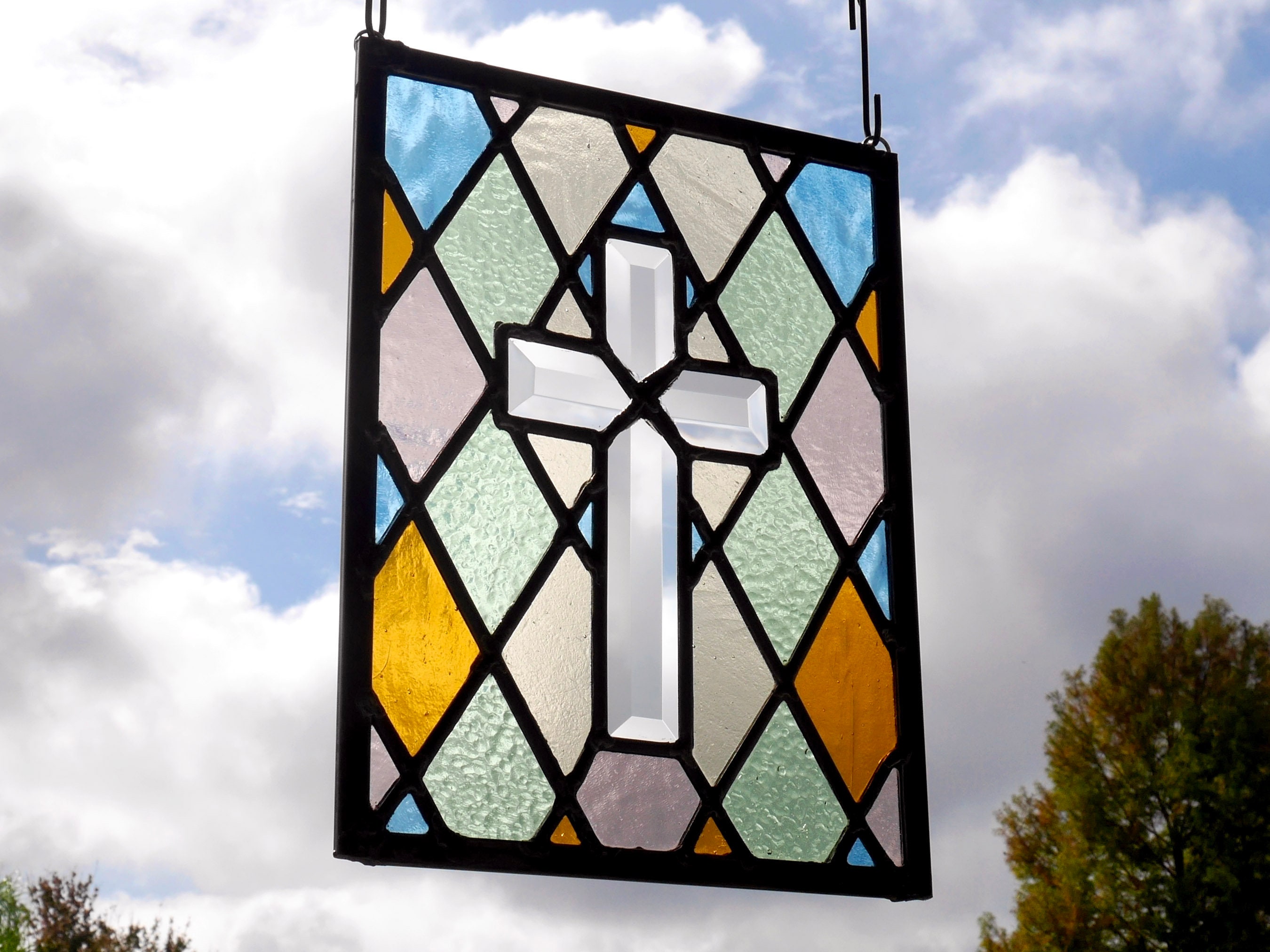 Stained Glass Cross, Leaded Glass Cross Panel, Yellow, Amber, Pink ...