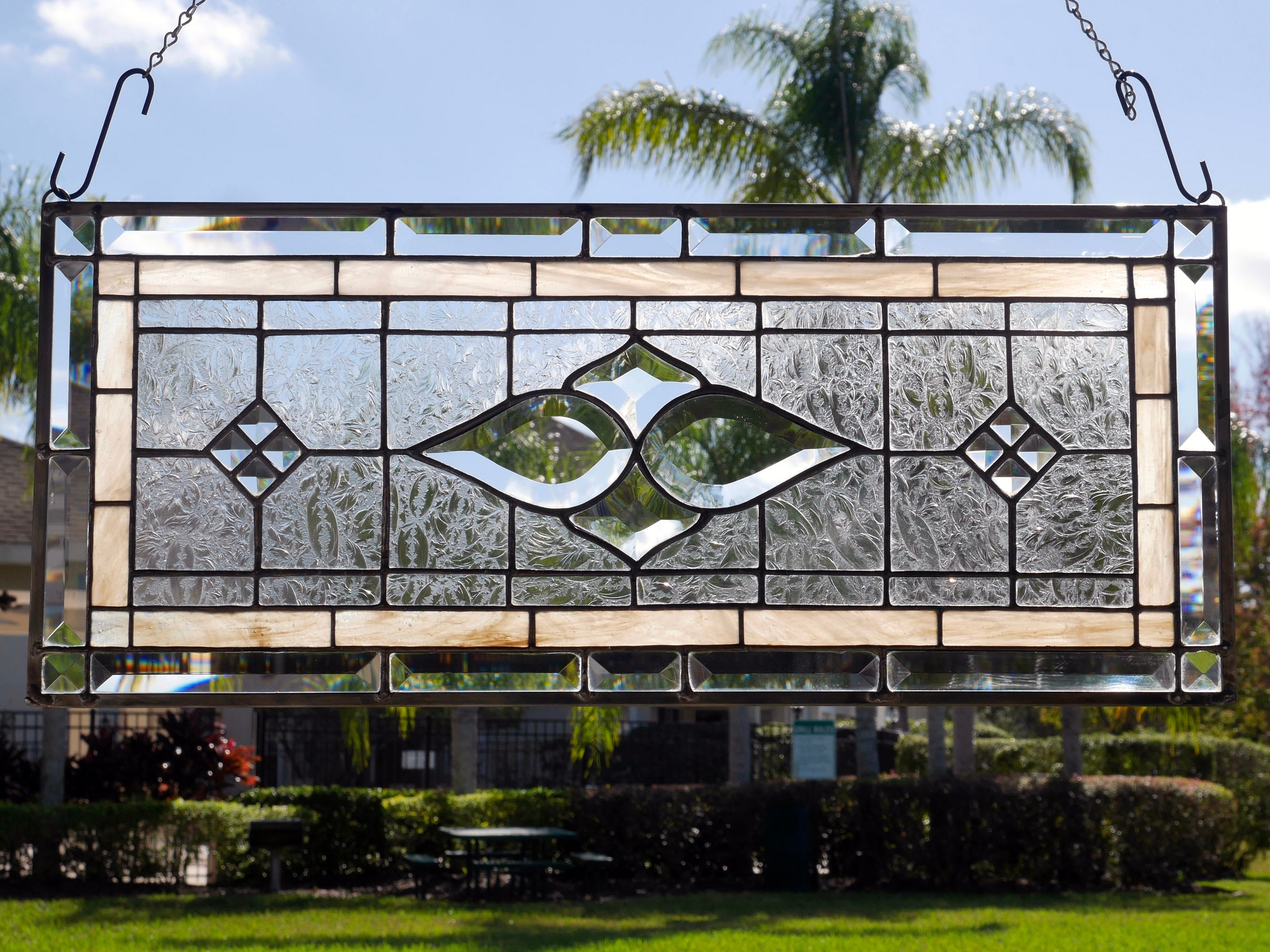 Stained Glass, Transom Window, Hanging Panel, Cream, Bevel Glass ...