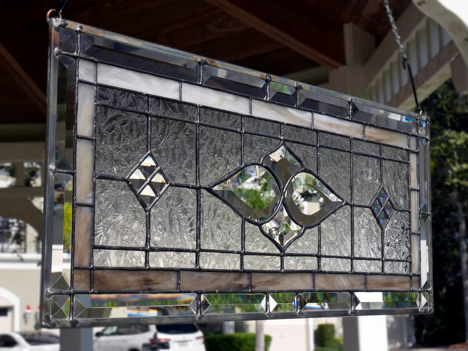 Stained Glass, Transom Window, Hanging Panel, Cream, Bevel Glass ...