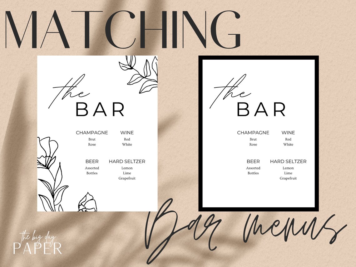 3 Minimal BOHO Wedding Menus Modern Black and White - Etsy