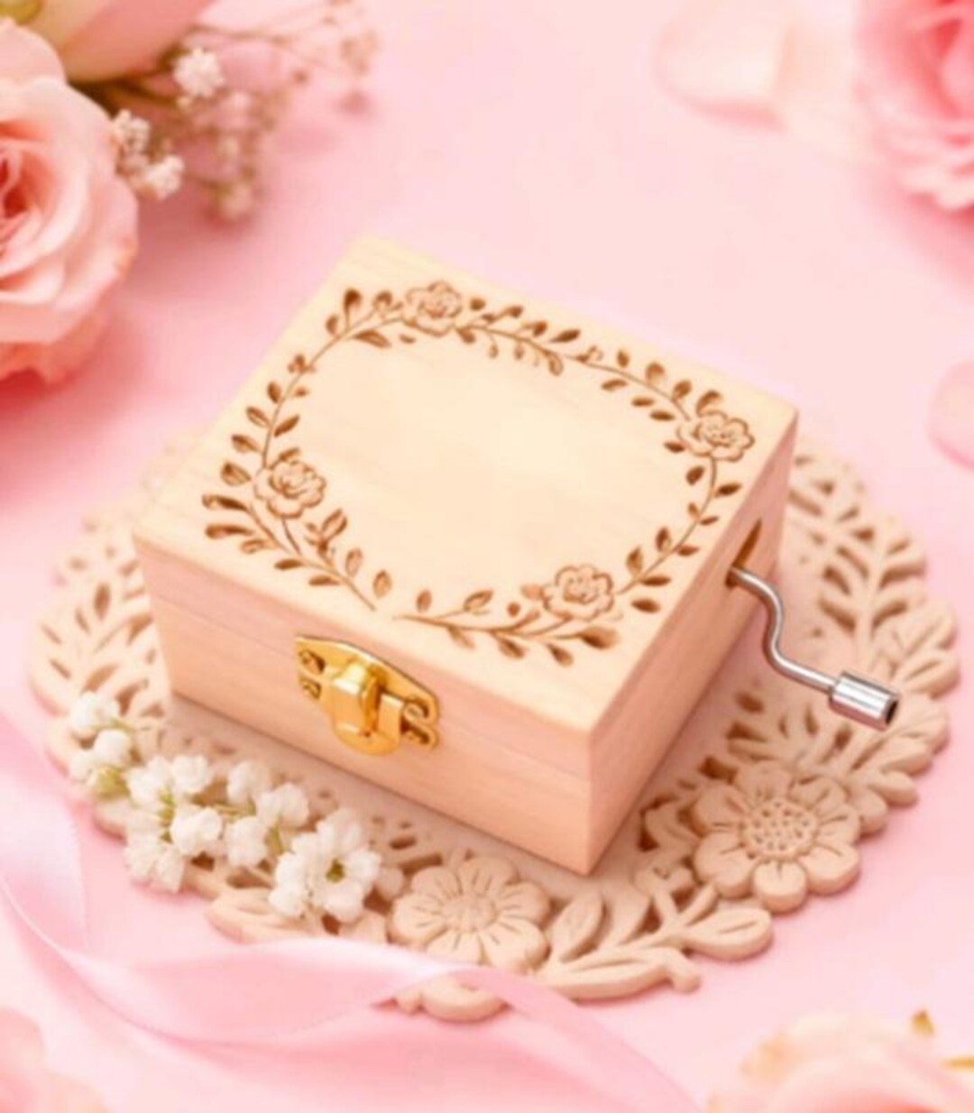 Custom Engrave Flower Pattern Hand Crank Music Box | 30 Tunes Can ...