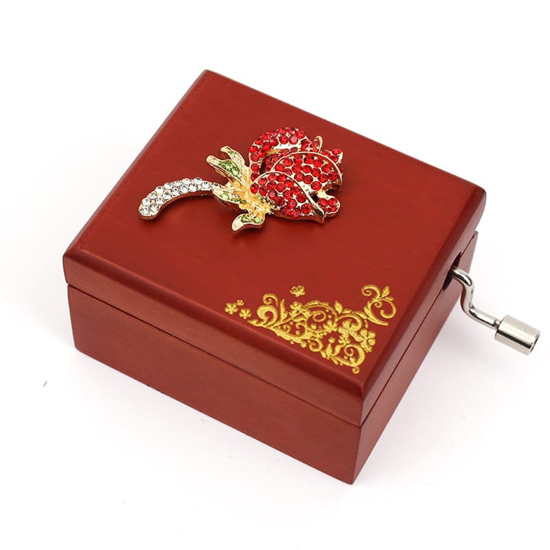 18-notes Red Rose Hand Crank Music Box | Custom Engraving | Many Custom ...