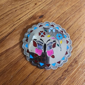 German Silver Pin With a Butterfly and Flowers Inlay Design. - Etsy