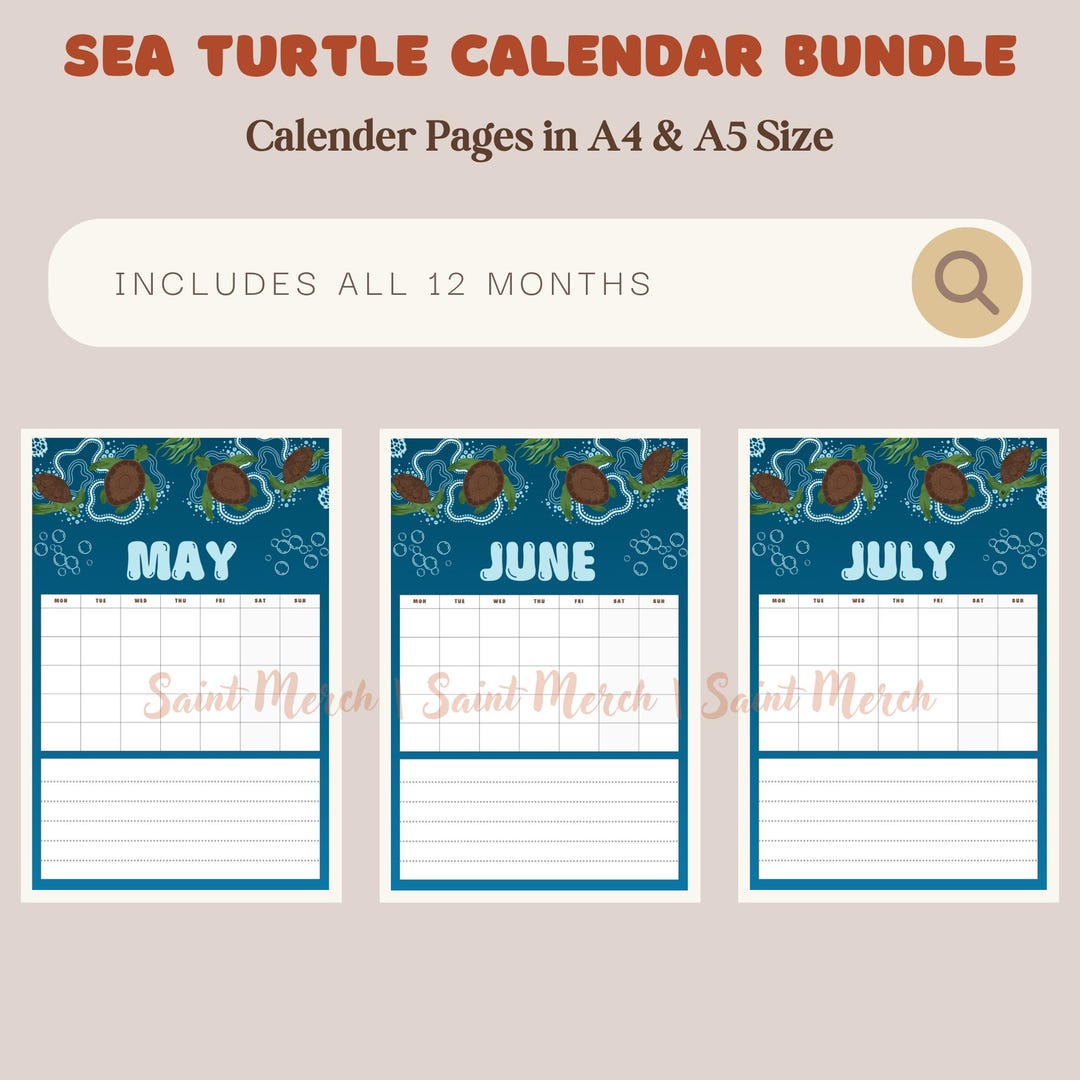 Sea Turtle Calendar Page Bundle | 12-month Printable Planner | Journal ...