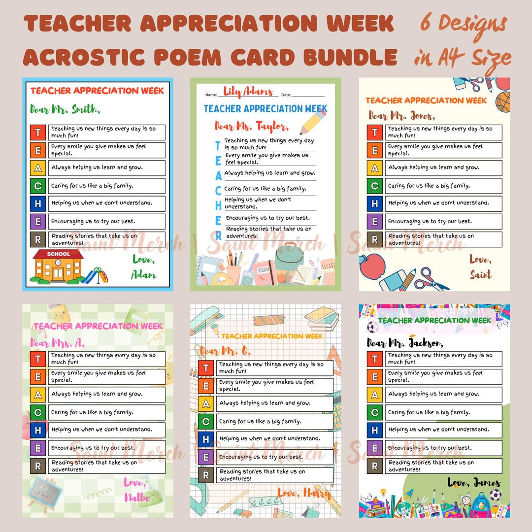 Teacher Appreciation Week Acrostic Poem Card Bundle | Printable Teacher ...