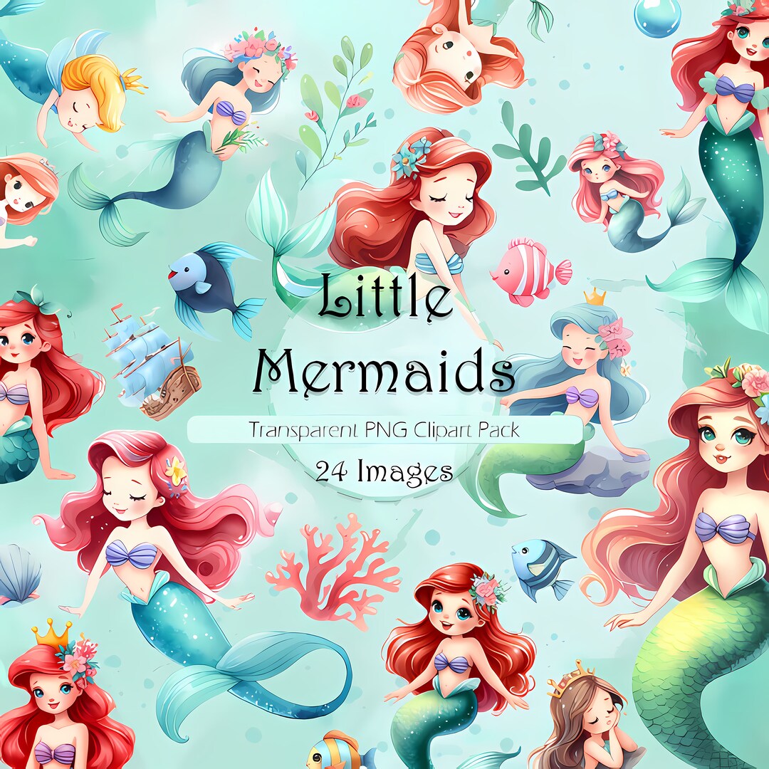 The Little Mermaids Clipart Set, Underwater Watercolor Clipart, Sea ...