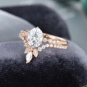 Oval Moissanite Engagement Ring Set 14K Rose Gold Wedding Ring - Etsy