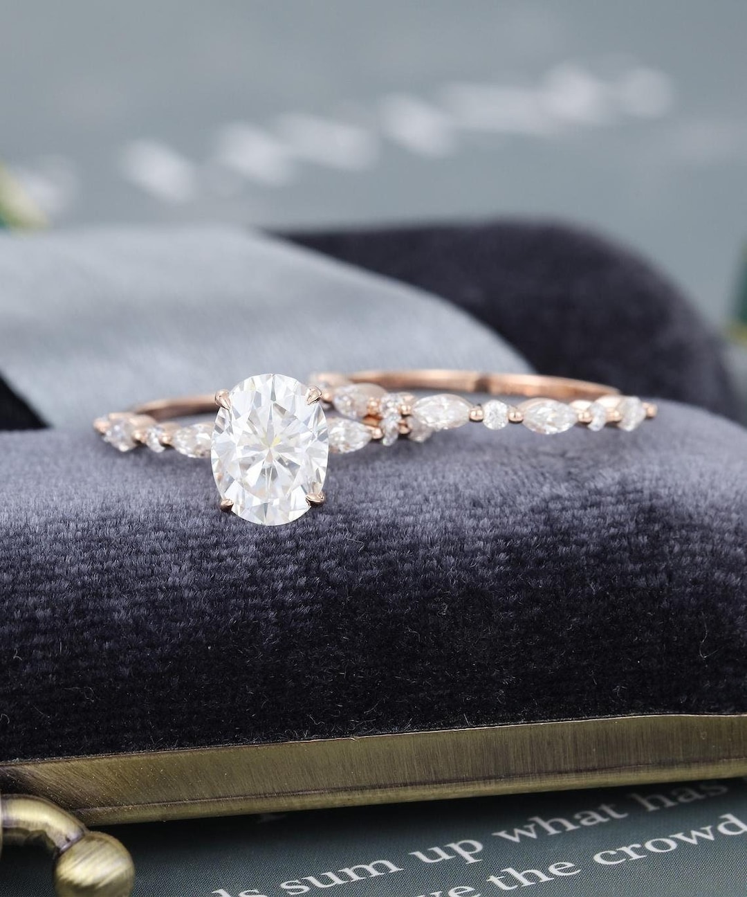 14K Rose Gold Anniversary Ring Set 2 CT Oval Moissanite Engagement Ring ...