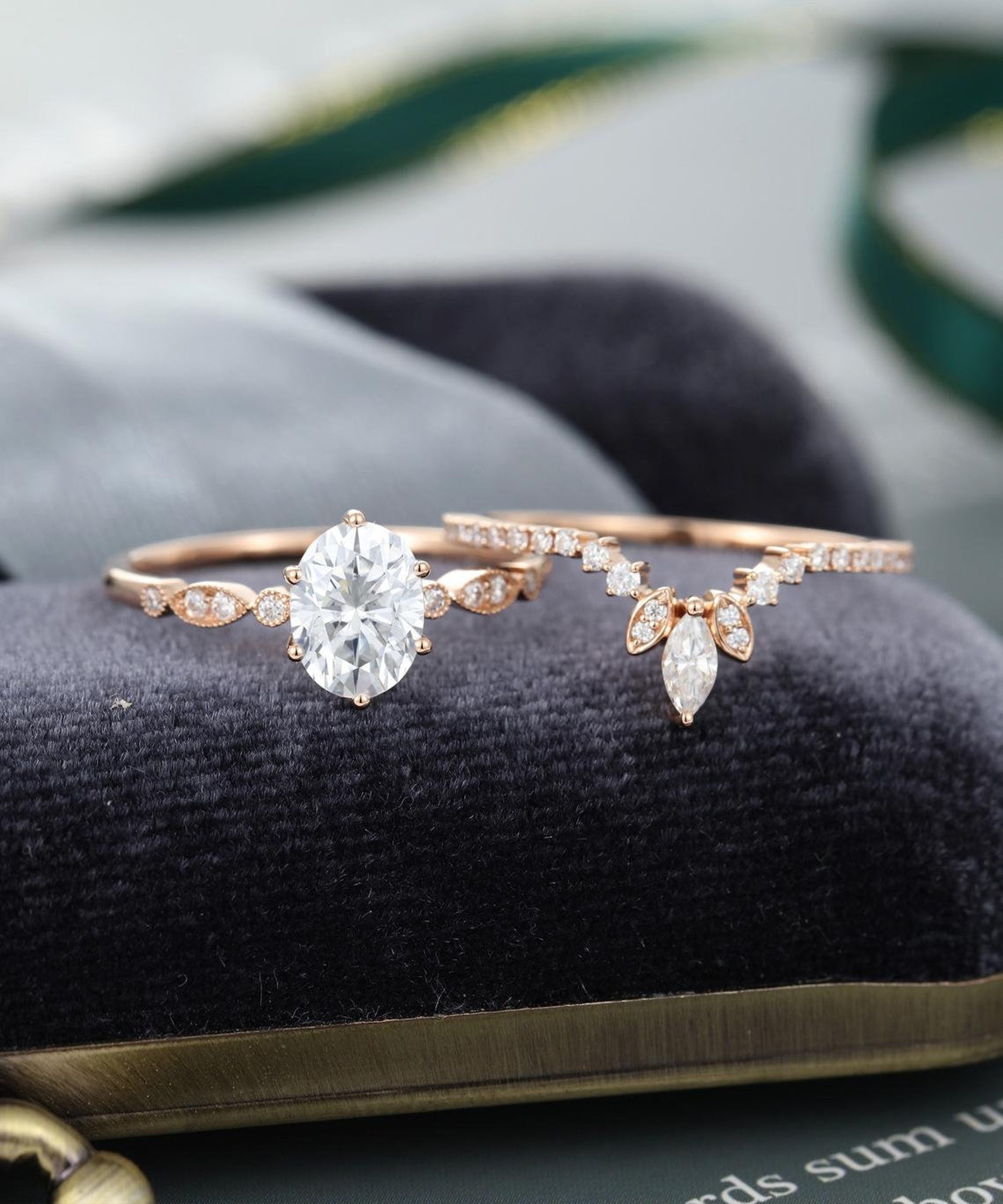 Oval Moissanite Engagement Ring Set 14K Rose Gold Wedding Ring - Etsy