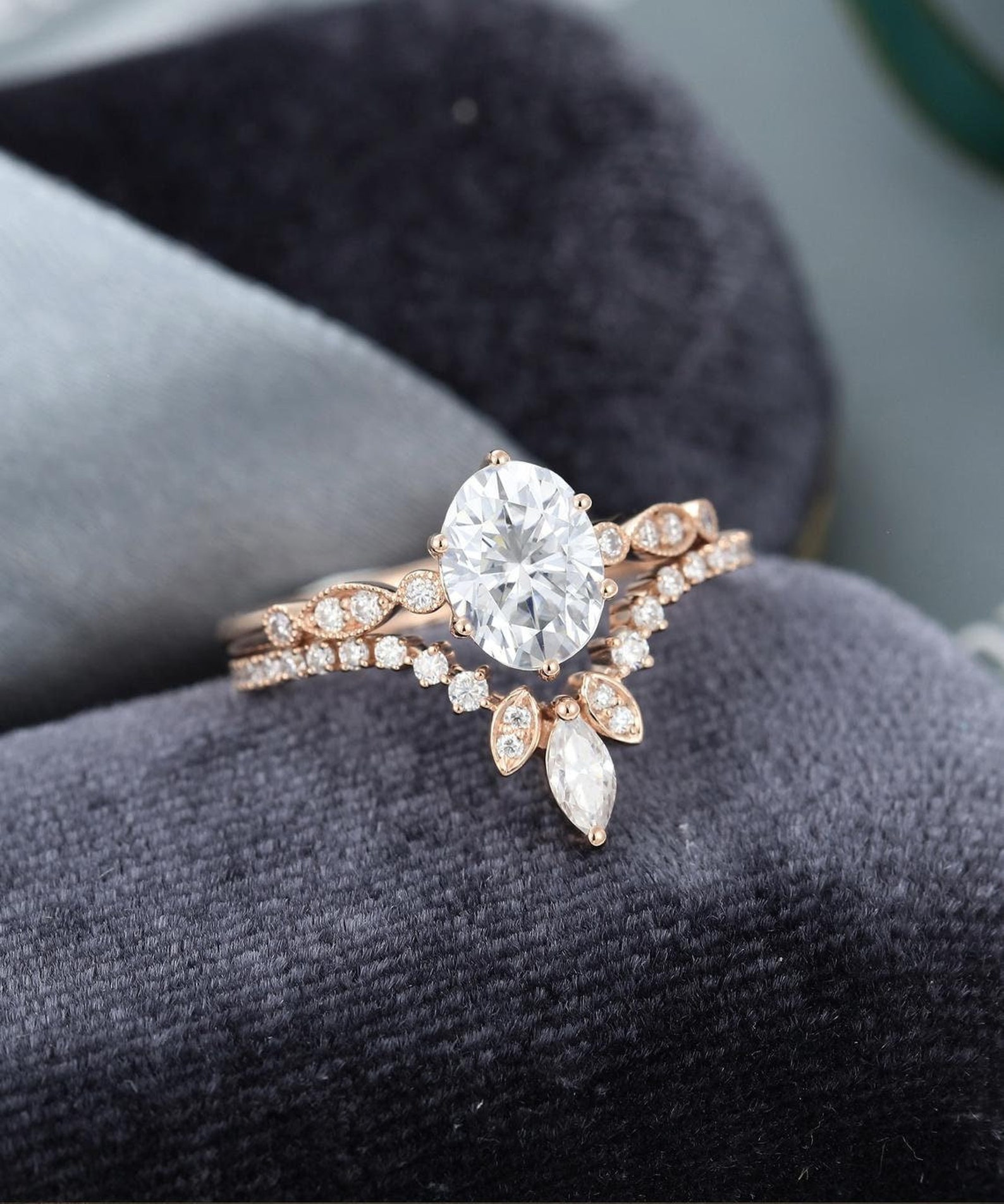 Oval Moissanite Engagement Ring Set 14K Rose Gold Wedding Ring - Etsy