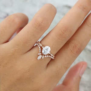 Oval Moissanite Engagement Ring Set 14K Rose Gold Wedding Ring - Etsy