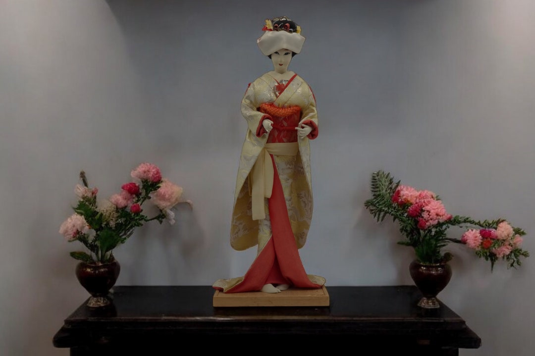 Large 24" Geisha Hanayome in Formal Silk Kimono Attire With Wooden ...