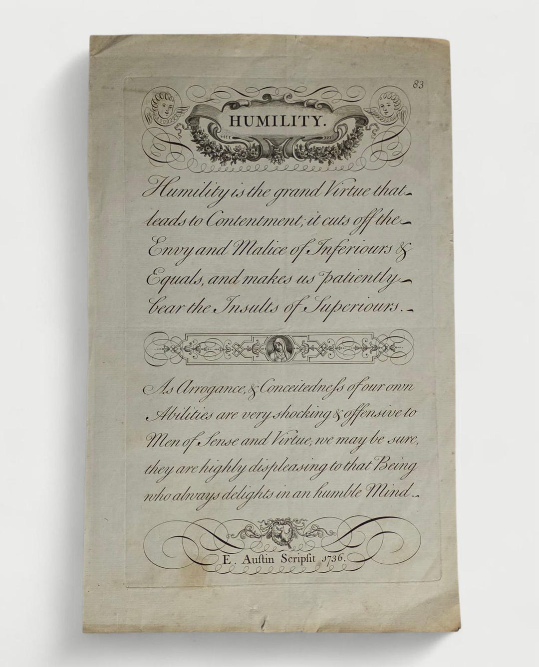 Antique Calligraphy Print – 'humility' Engraving, 1736 Copperplate - Etsy