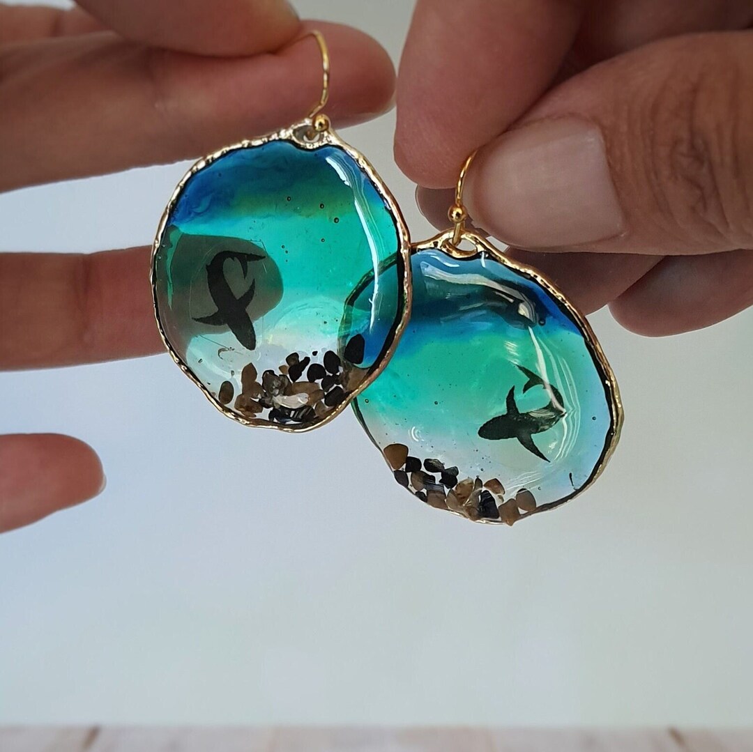 Turquoise and Gold Earrings, Blue Circle Earrings, Shark Fish From the ...