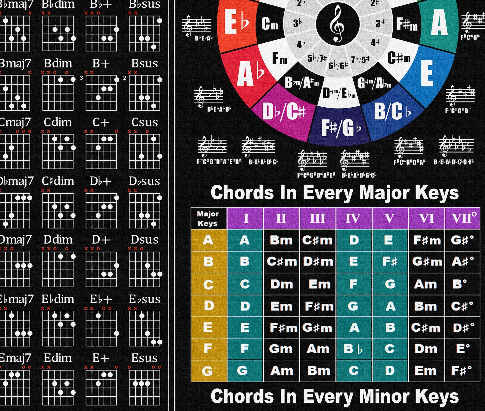 Tabla de acordes de guitarra Círculo de quintas Escalas y - Etsy España