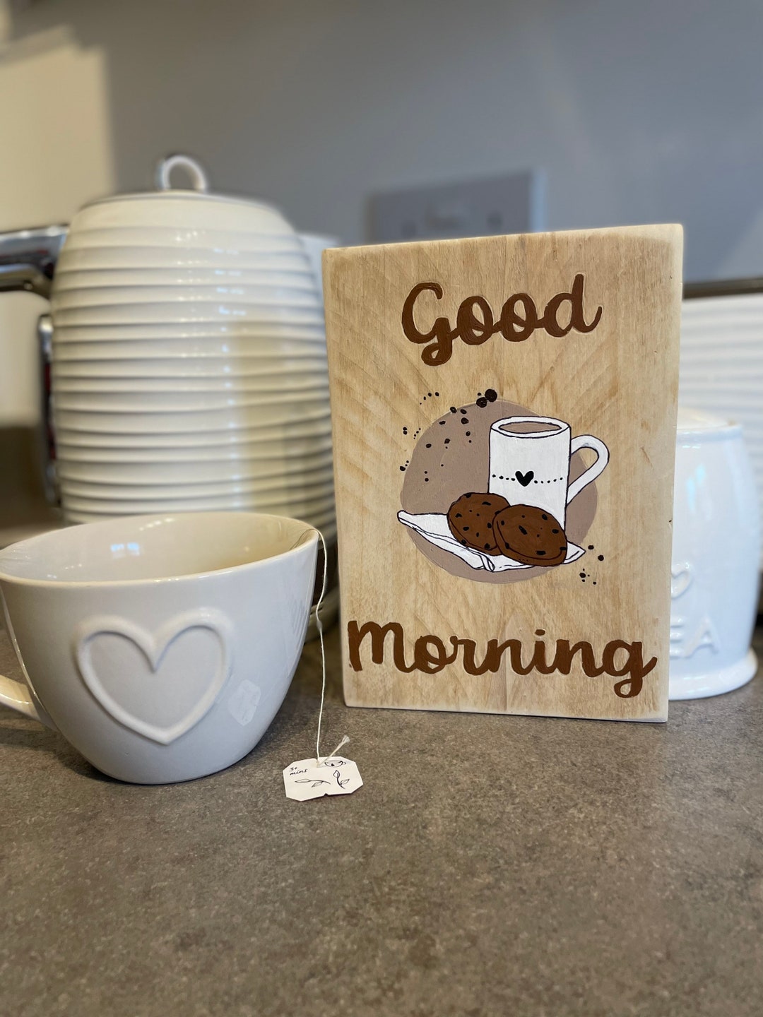 Good Morning Tea & Biscuits Wooden Sign Tea Lover Handpainted Home ...