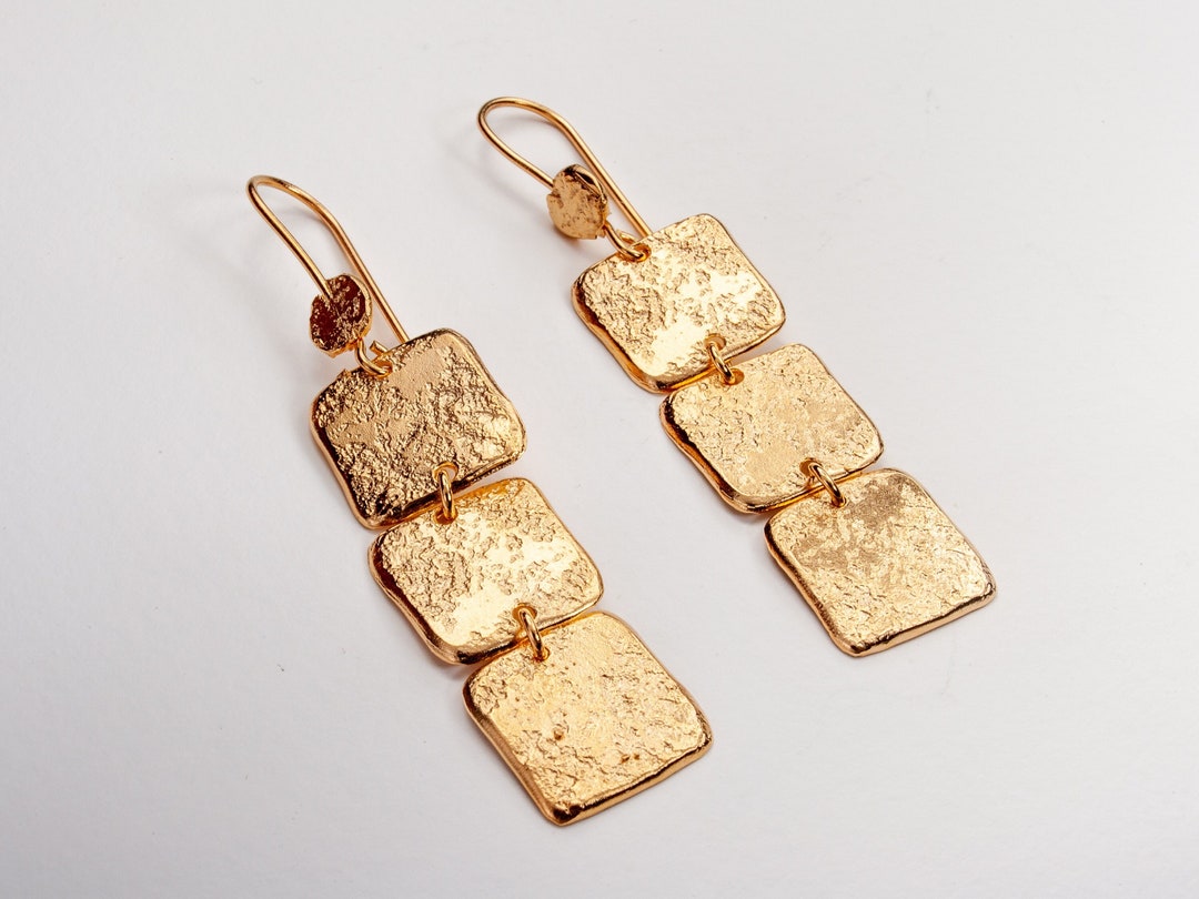 Long Hammered Gold Drop Earrings, Rectangular Earrings, Dangle Square Earrings, Gold Plated Drop ...