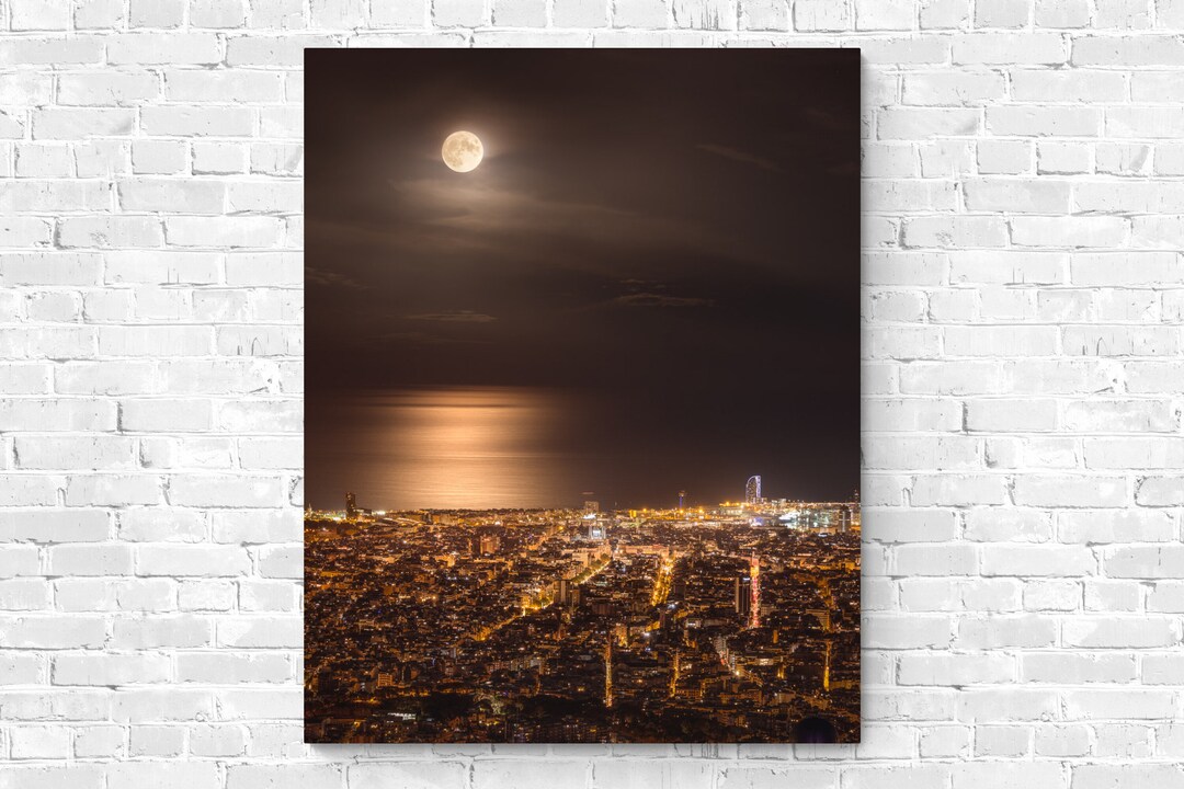 Barcelona Photography - View of Barcelona Under a Golden Moonlight From ...