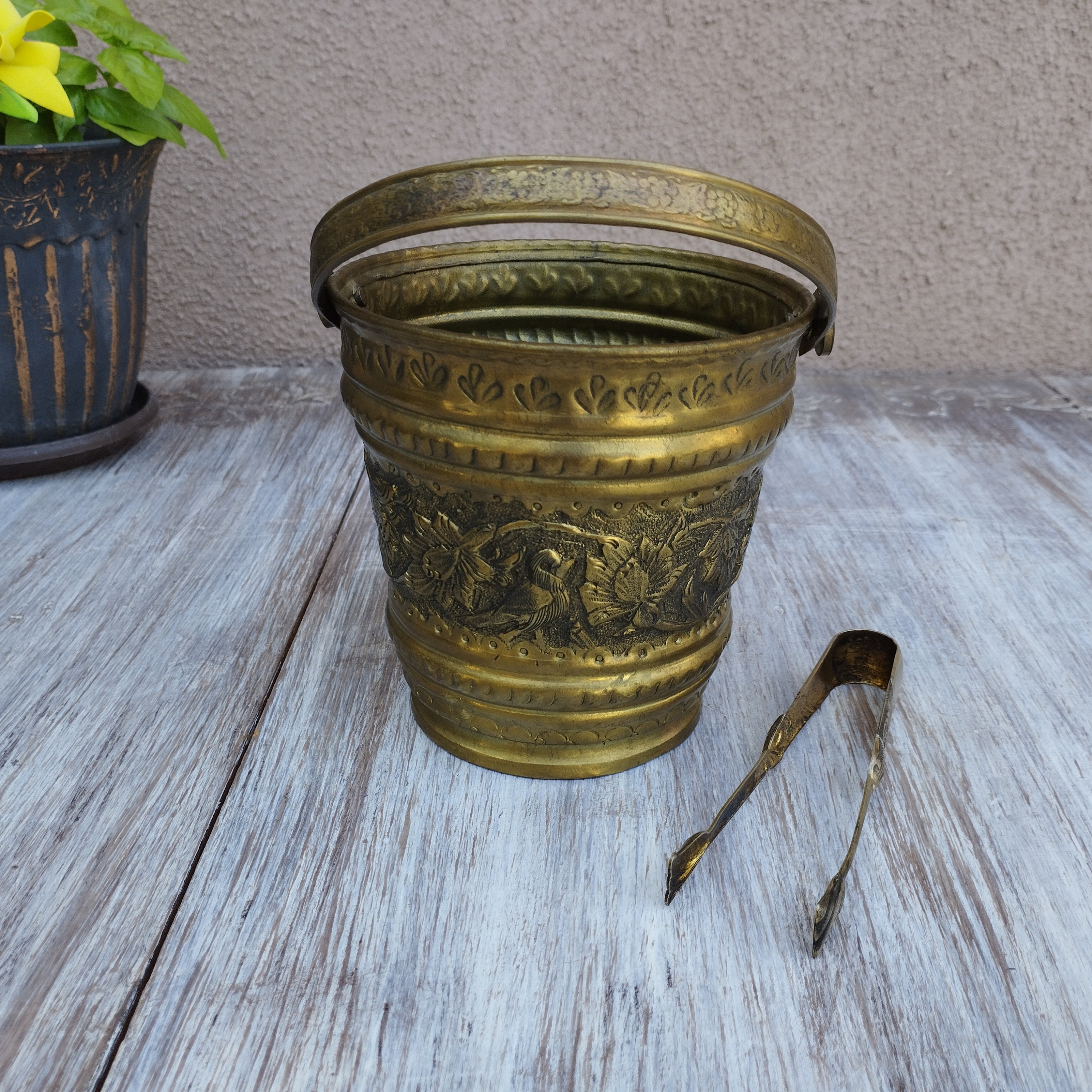 Vintage Brass Ice Bucket With Handle and Tongs, Embossed Design ...