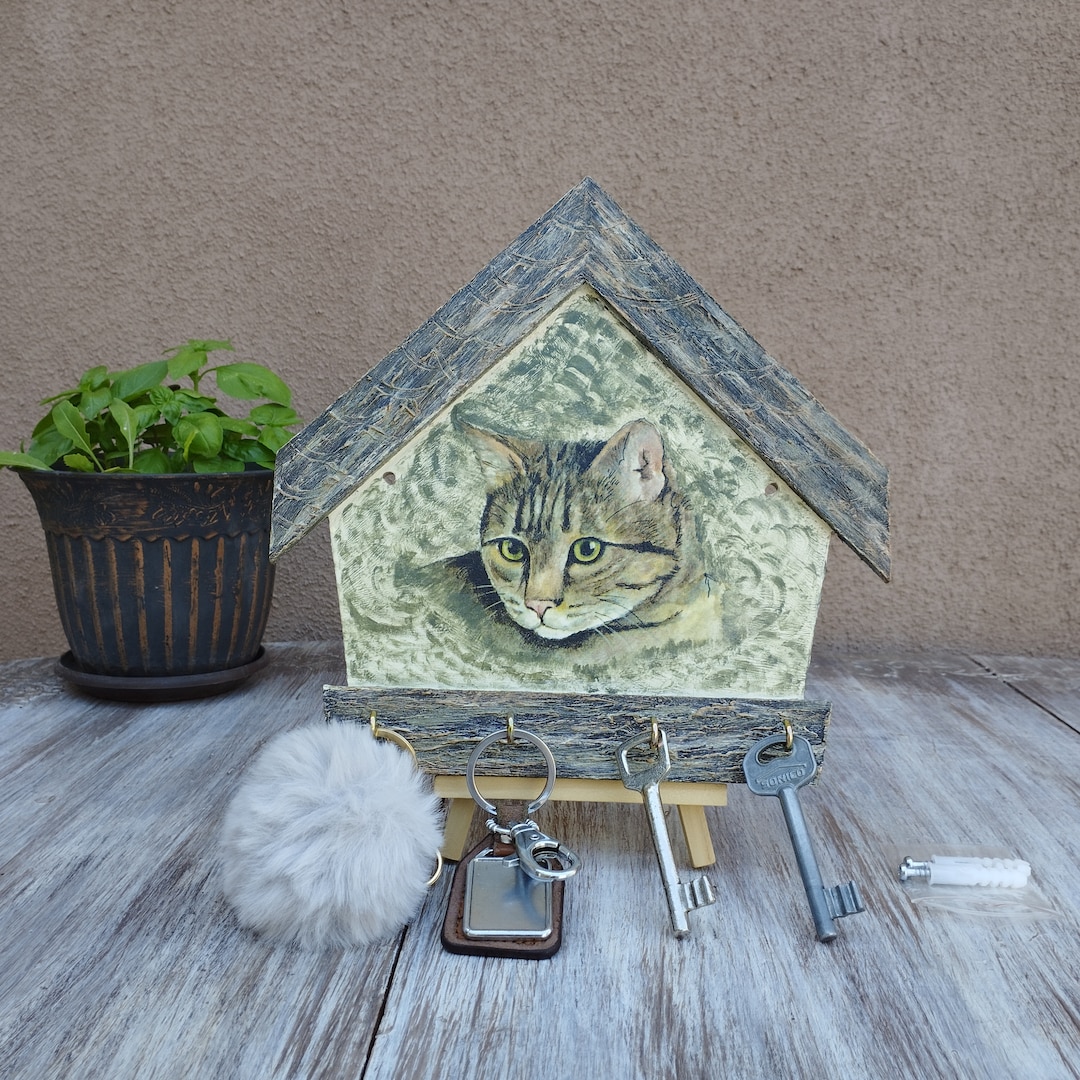 Key Hanger With Cat, Wooden Key Holder With 4 Hooks, Wooden House for ...