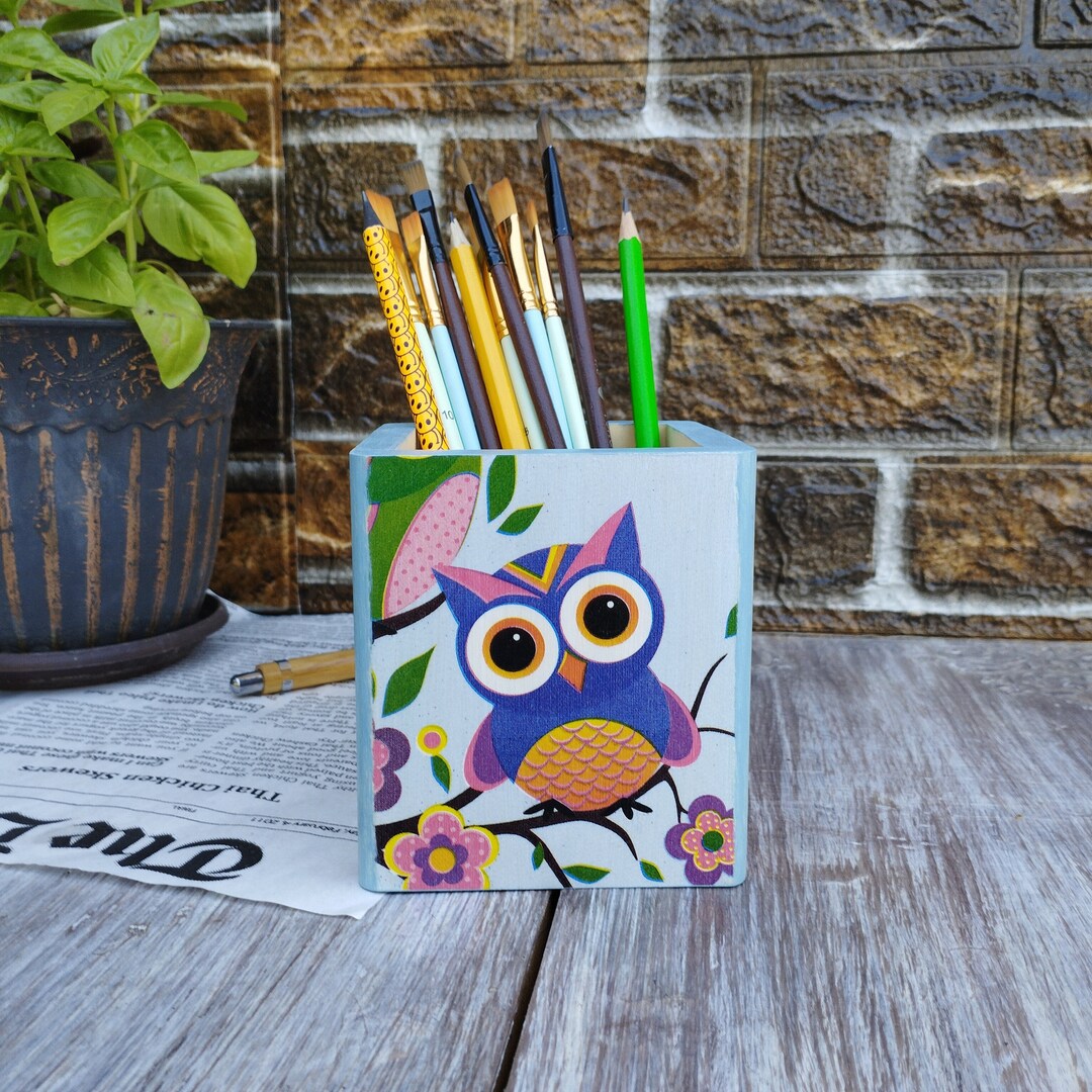 Blue Wooden Holder for Pencils, Pens, Paint Brushes, Felt-tip Pens ...