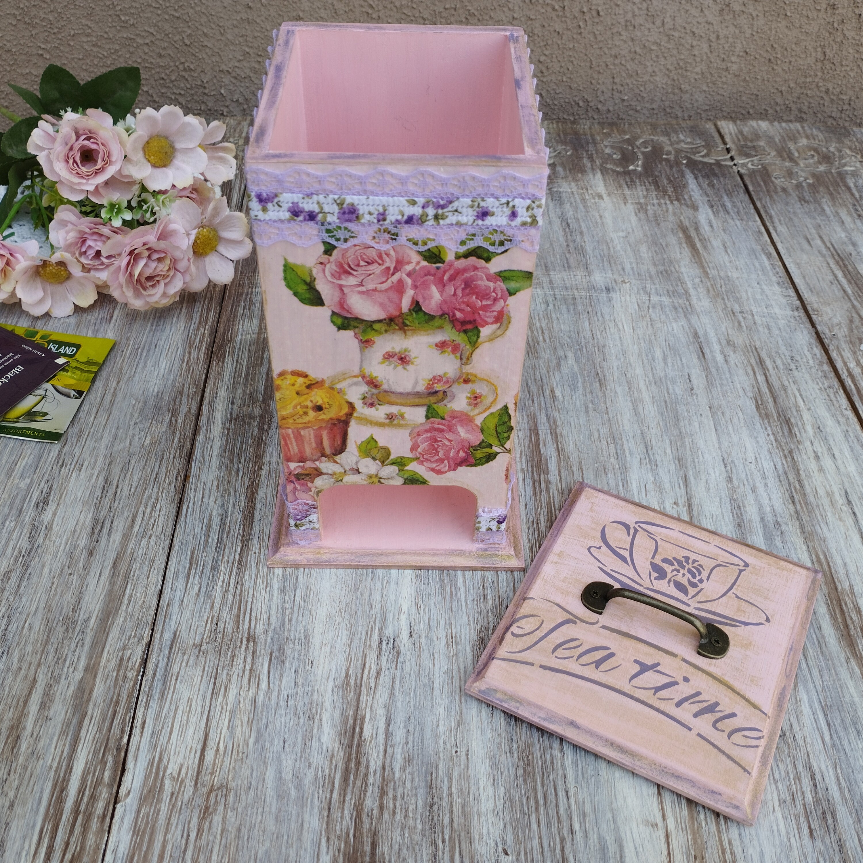 Pink Tea Bag House, Tea Bag Organizer, Wooden Tea Box, Decoupage Box ...