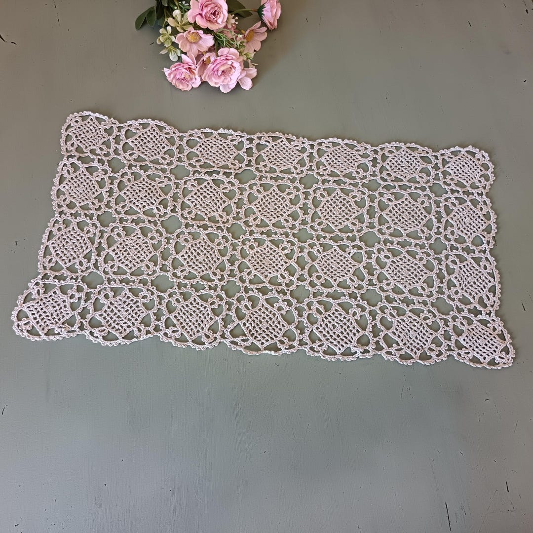 Vintage Crochet Cotton Table Runner: Rectangular Doily, Dressing Table ...