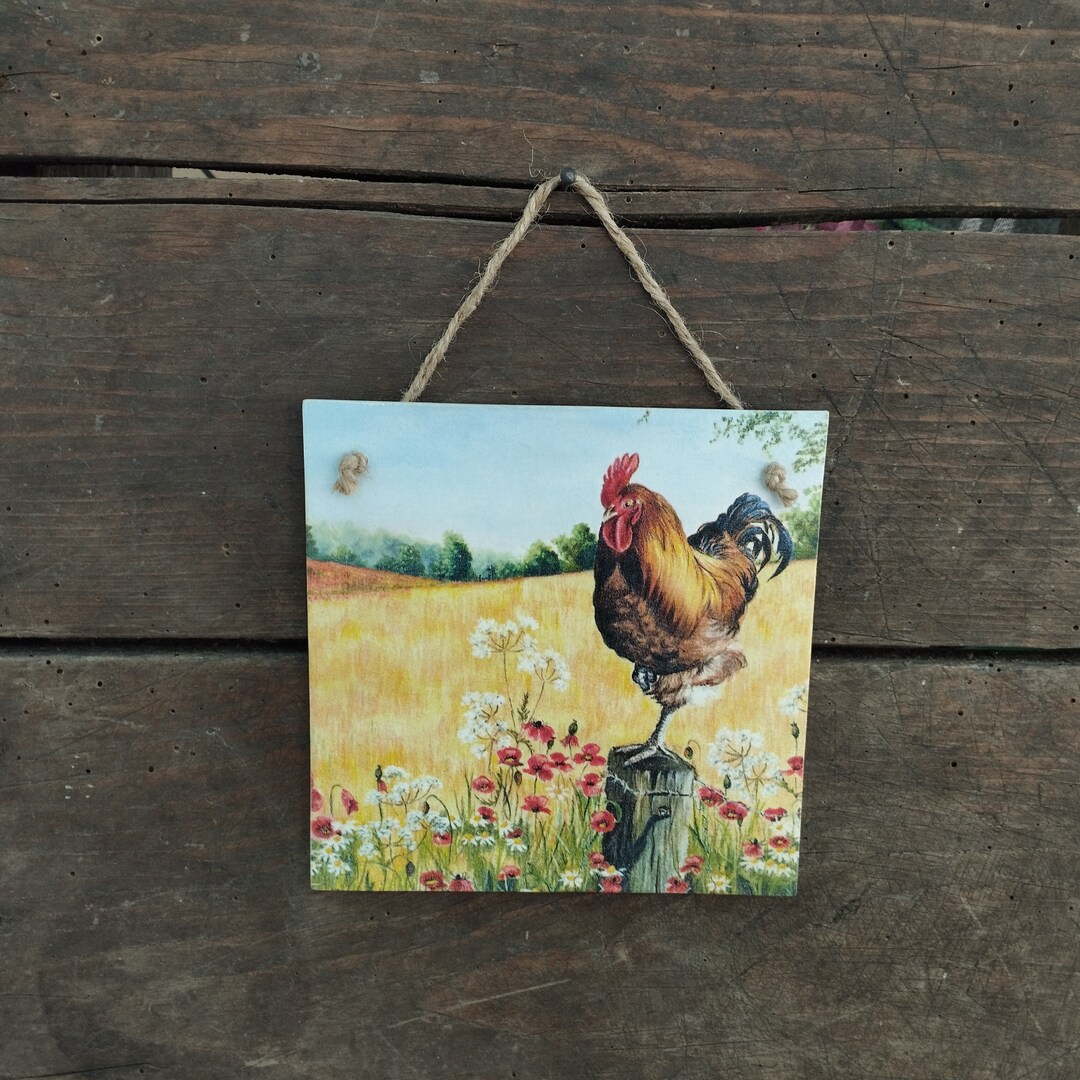 Rooster Wooden Wall Sign, Wooden Plaque With Decoupage, Wall Decoration ...