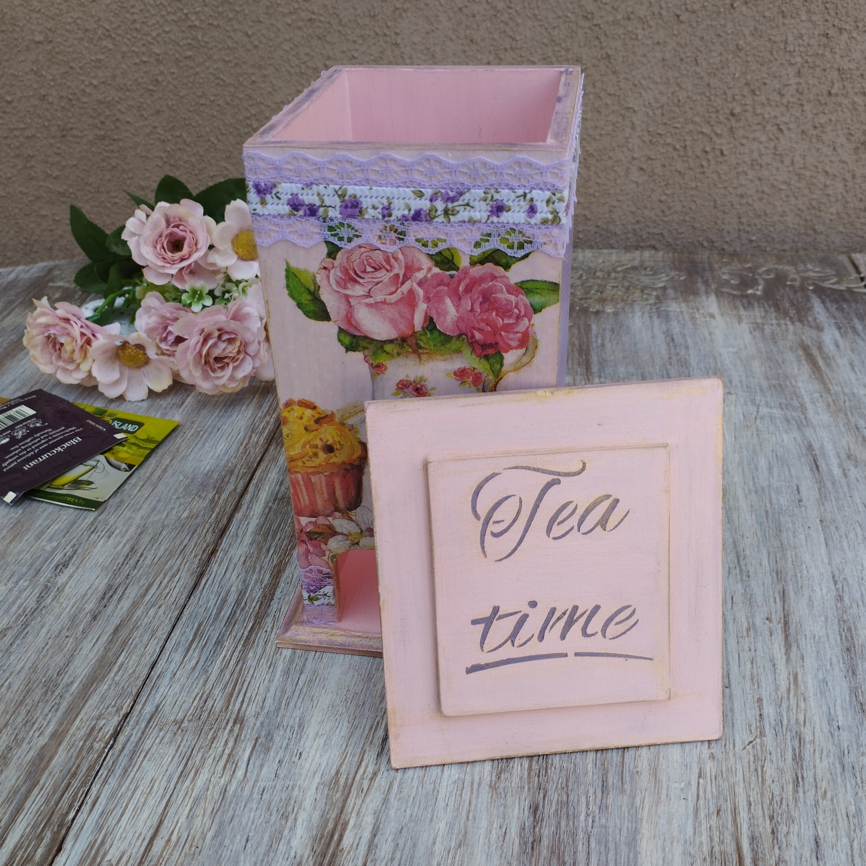 Pink Tea Bag House, Tea Bag Organizer, Wooden Tea Box, Decoupage Box ...