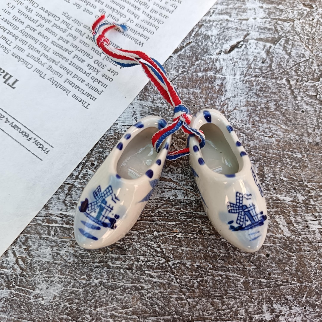 Vintage Mini Ceramic Clogs, Windmill, Holland, Miniature Clogs, Hanging ...
