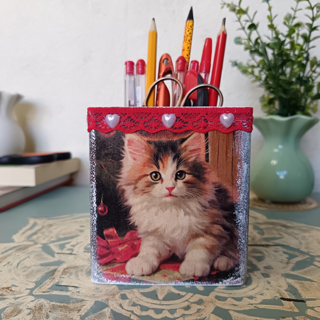 Wooden Pencil Cup With Cute Kitten, Pen Holder, Makeup Brush Holder ...