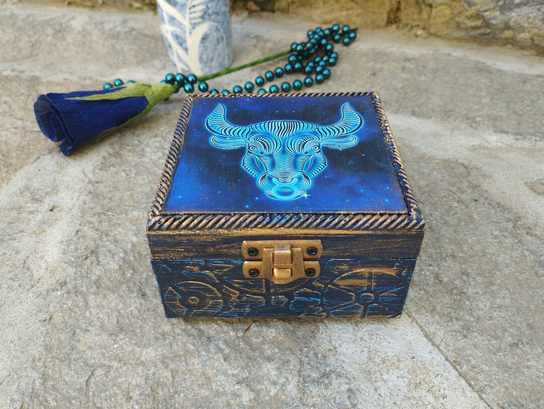 Taurus Wooden Jewelry Box Decoupage and Mixed Media Decorated - Etsy