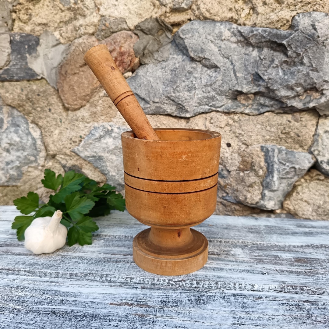 Vintage Wooden Mortar and Pestle, Rustic Kitchen Tool, Natural Wood ...
