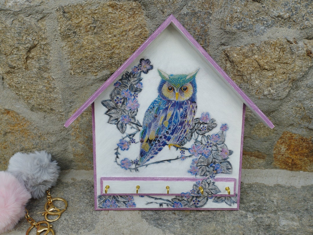 Wooden Key Holder With Owl, Owl Key Rack, House for Keys, Owl Wall ...