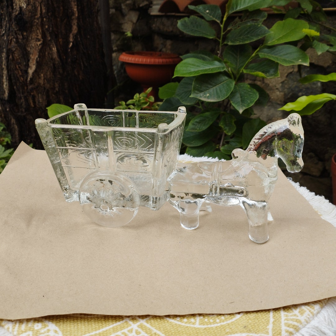 Vintage Clear Glass Donkey With Cart: Candy Dish, Trinket Container - Etsy