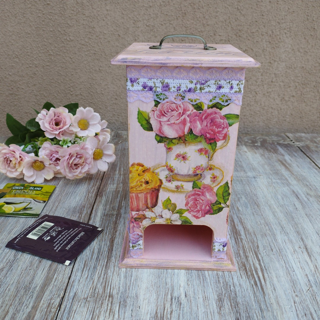 Pink Tea Bag House, Tea Bag Organizer, Wooden Tea Box, Decoupage Box ...