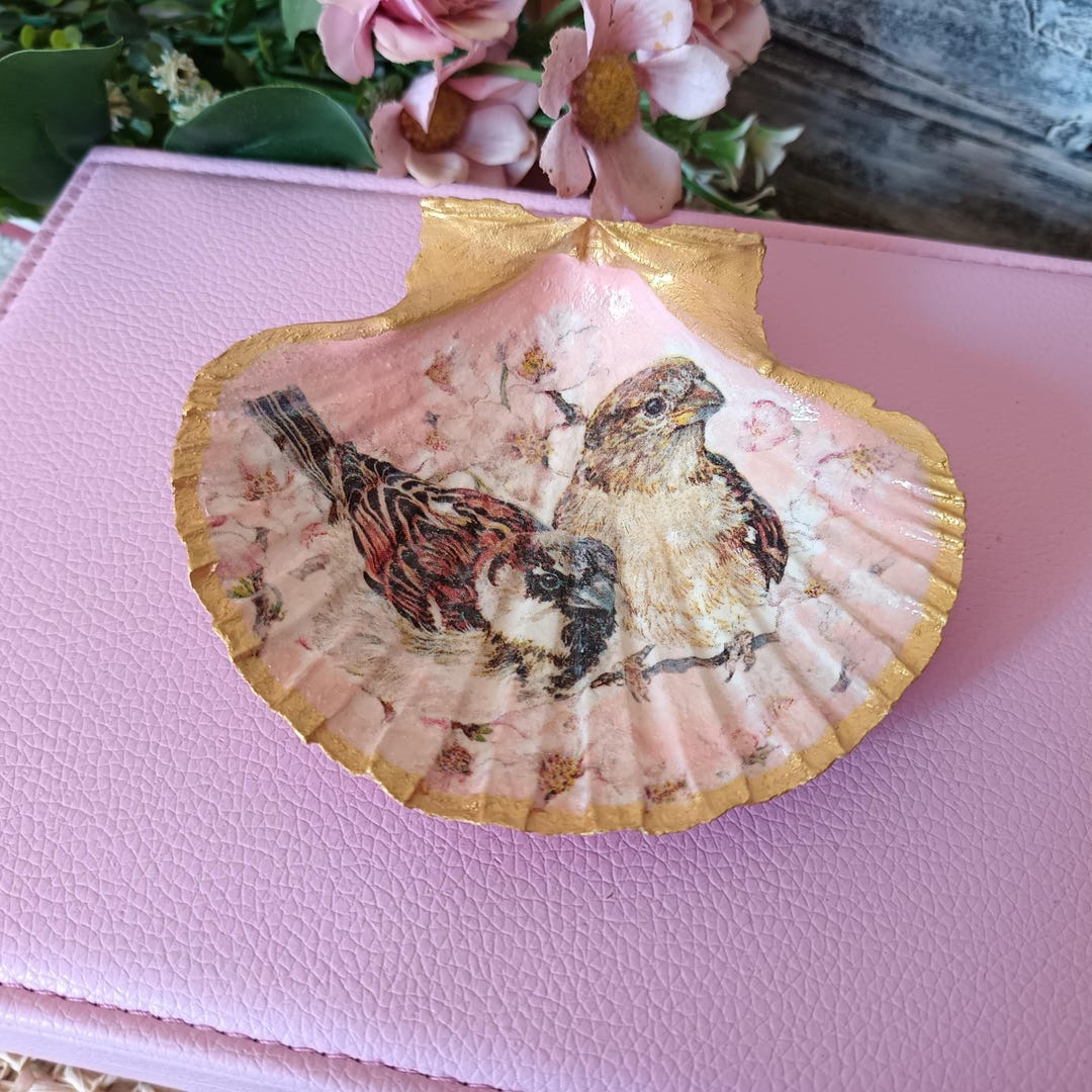 Clam Shell With Sparrows, Seashell Trinket Tray, Ring Shell, Decoupage ...