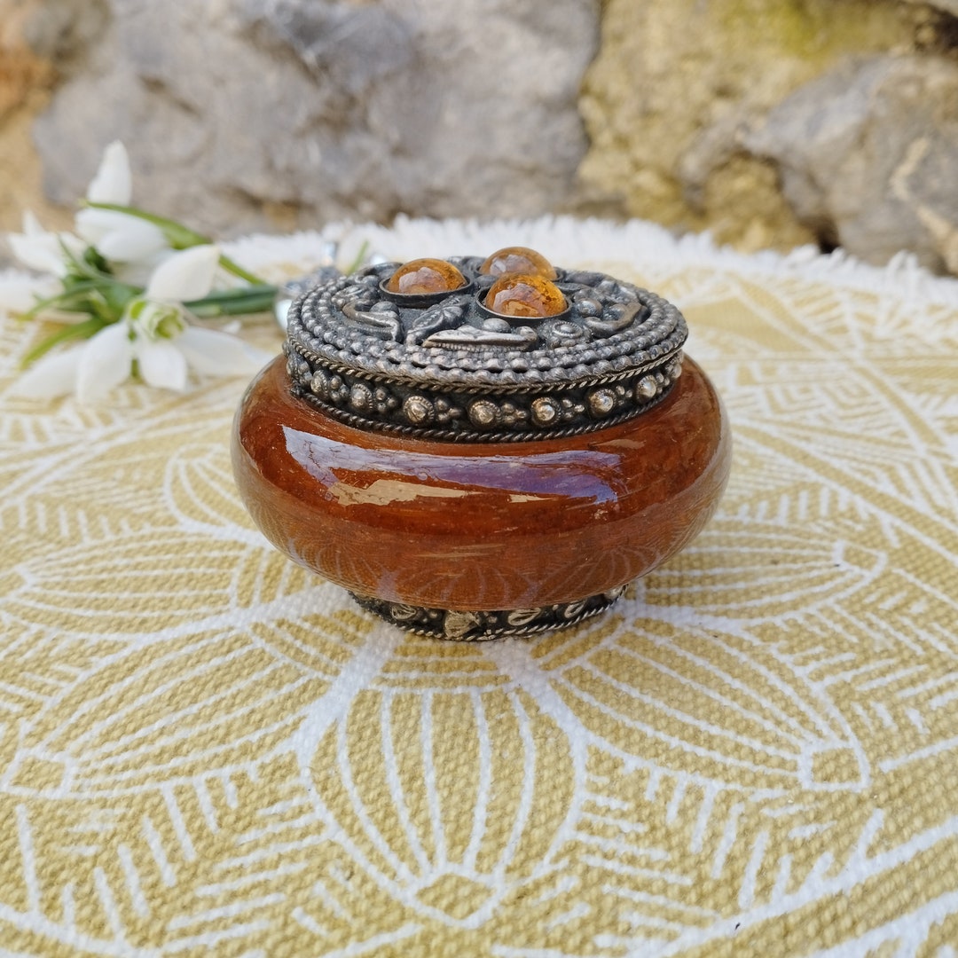 Vintage Small Jewelry Box, Oriental Design, Glass Stone Pill Box ...