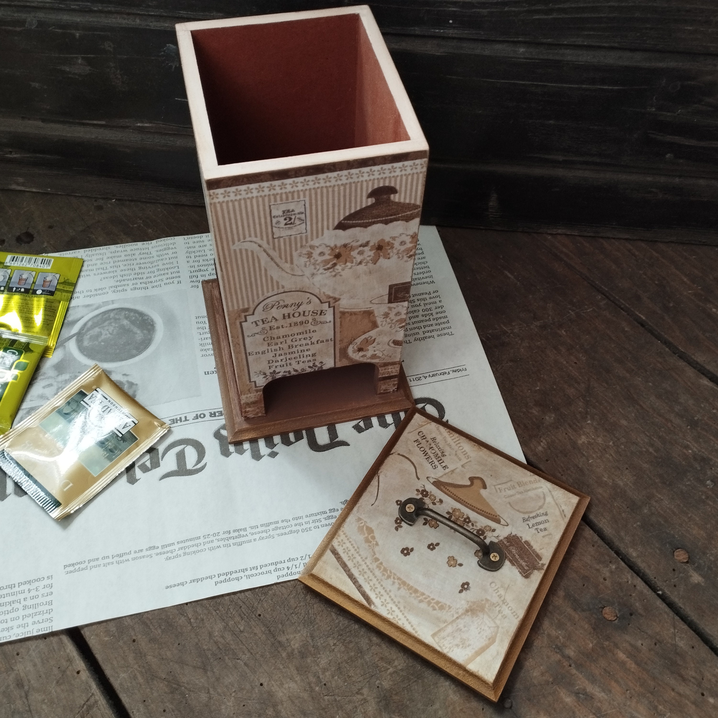 Wooden Tea Bag House, Tea Bag Organizer, Tea Box, Decoupage, Vertical ...