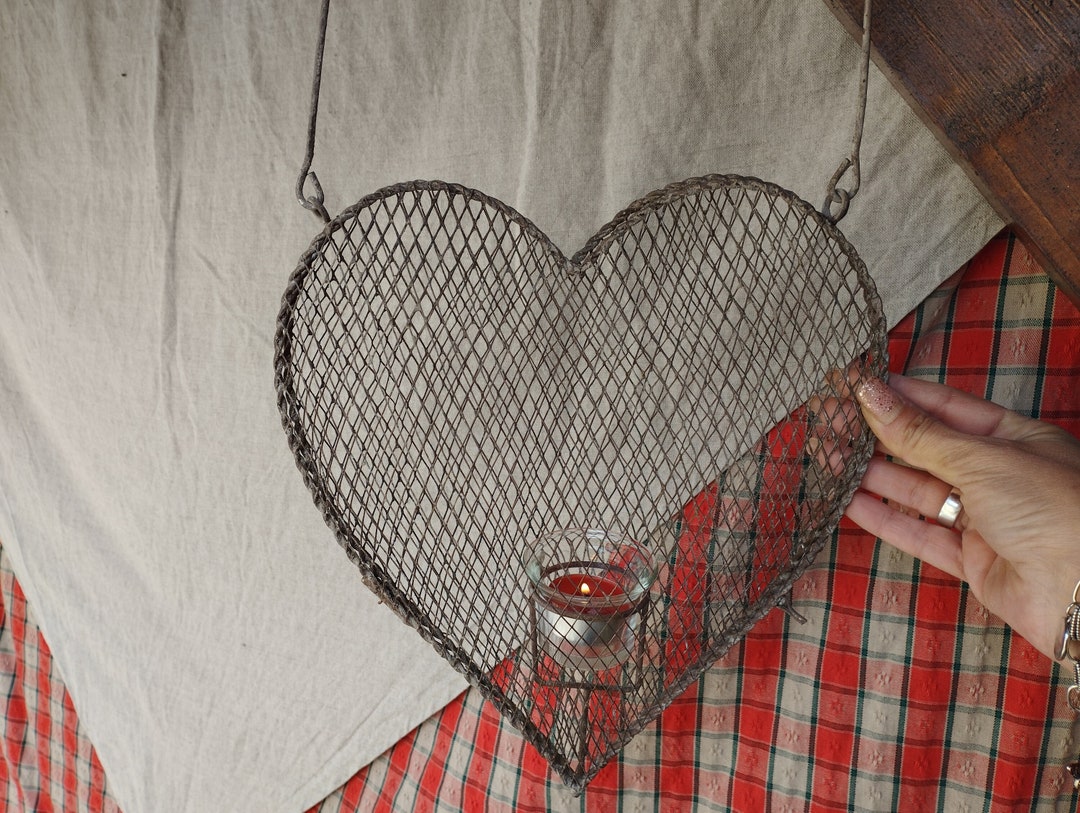 Vintage Metal Wire Hanging Heart, Wire Heart With Glass Tealight Cup ...