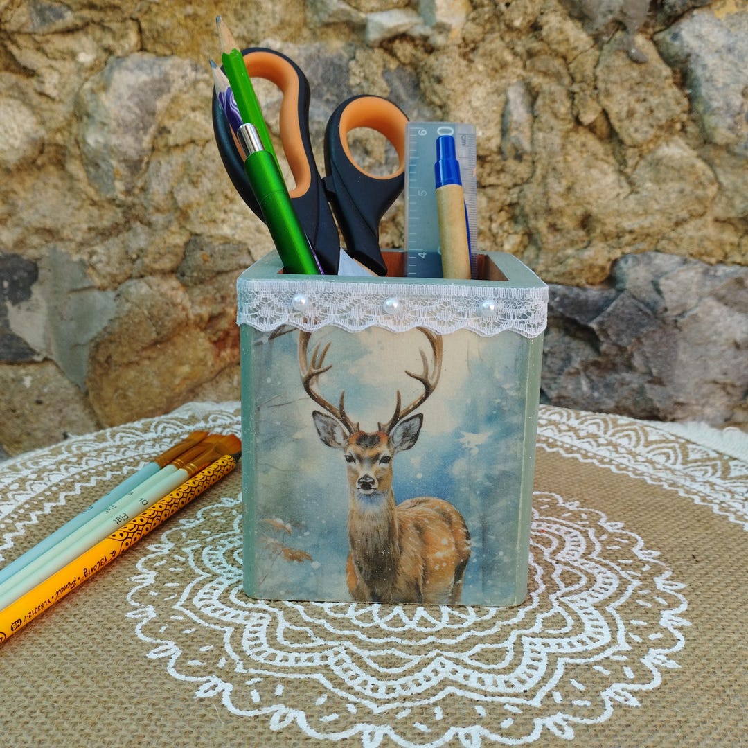 Wooden Open Pen Box, Deer Pencil Holder, Winter Landscape, Lace, Beads ...