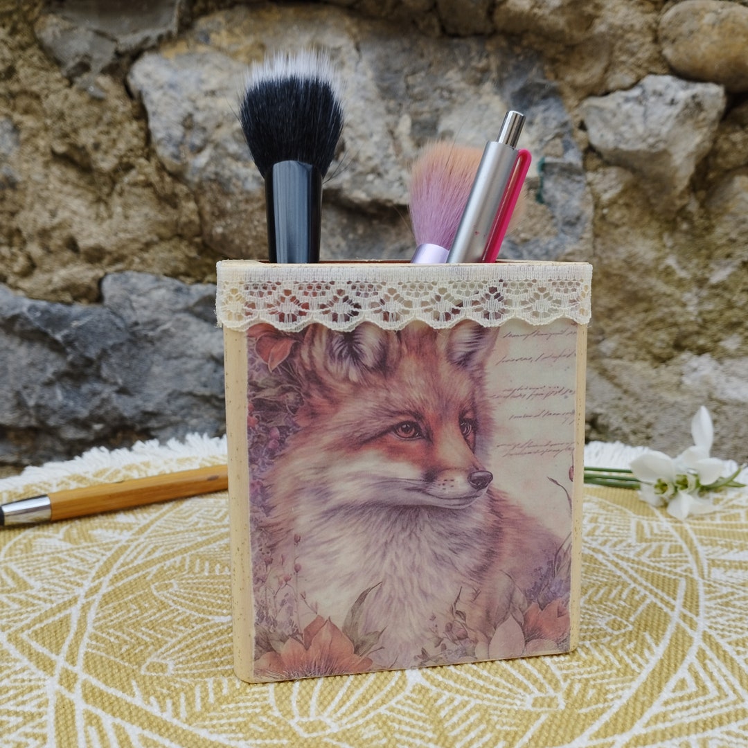 Wooden Pencil Holder With Fox, Pen Holder With Lace, Desk Accessory ...